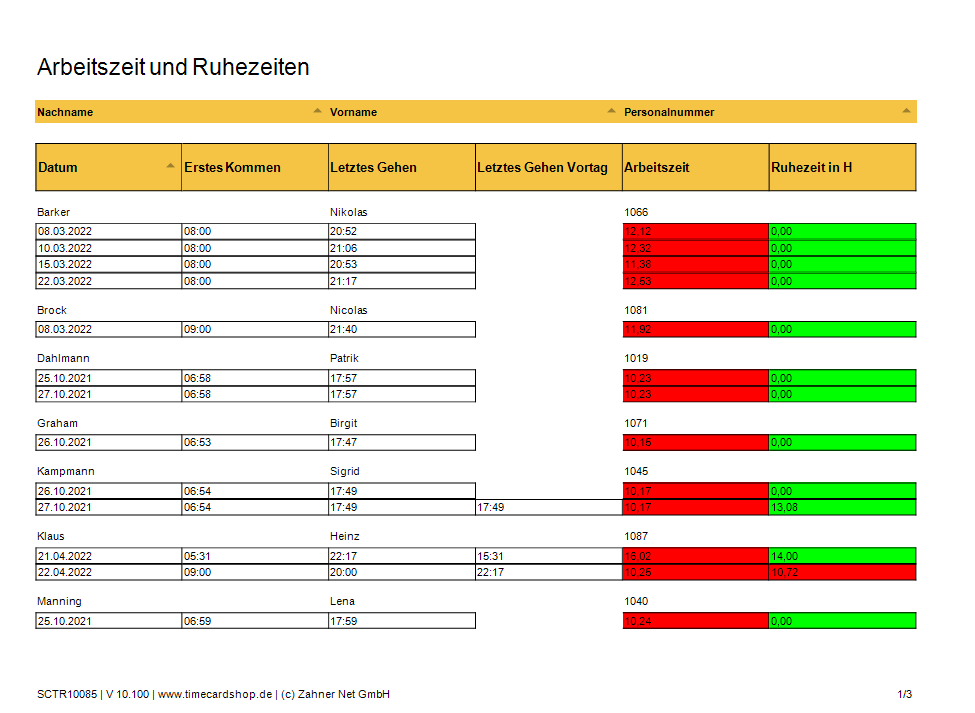 timeCard 10 Arbeitszeit und Ruhezeit Report- Voll-Version